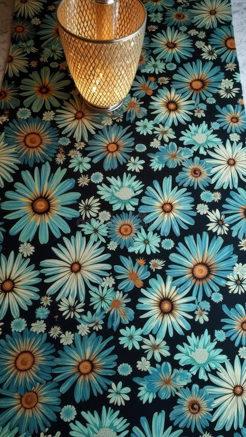 Elegant Floral Table Runner with Decorative Lamp and Blue Daisy Pattern ...