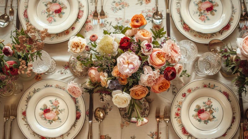 Elegant Floral Table Setting with Exquisite Tableware. Stock Photo ...