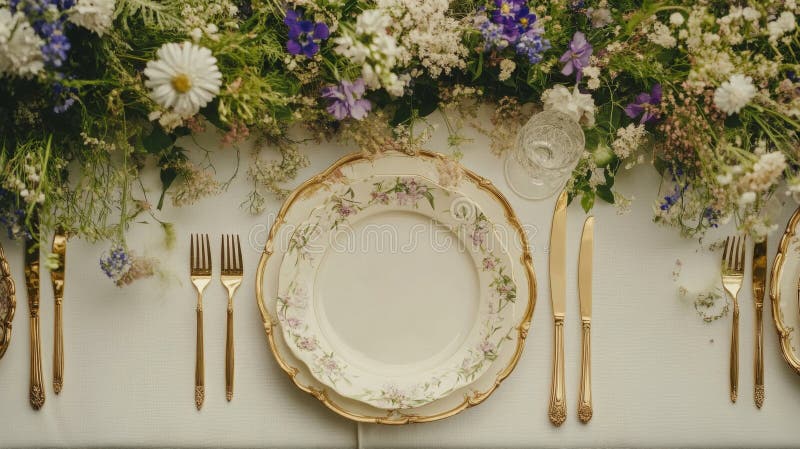 Elegant Floral Table Setting with Gold Cutlery Stock Illustration ...