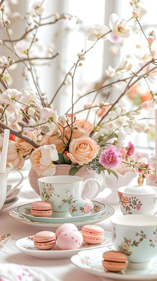 Elegant Floral Table Setting with Pastel Tea Cups, Macarons, and ...