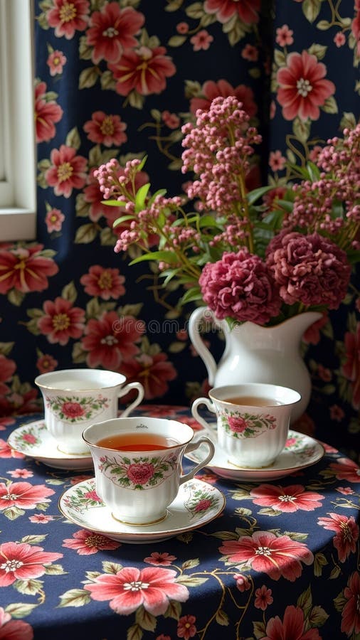 Elegant Floral Tea Set with Pink Roses and Matching Floral Background ...