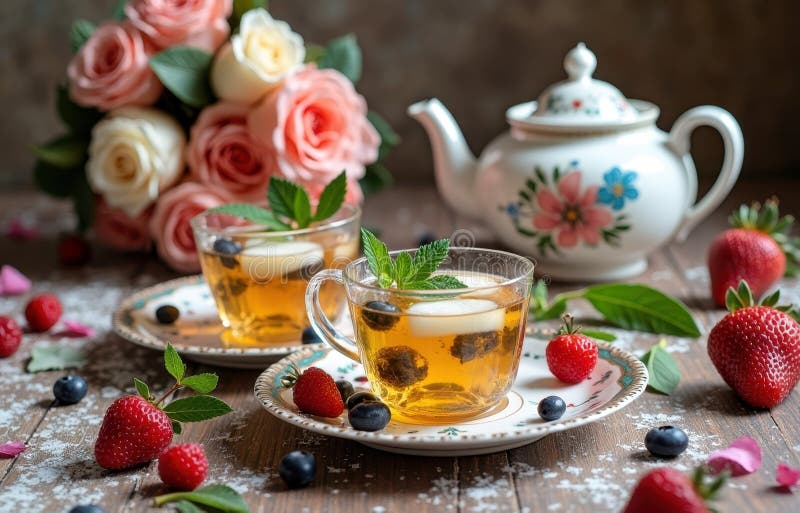 Elegant Floral Tea Setting with Fresh Fruits and Vintage Teapot Stock ...