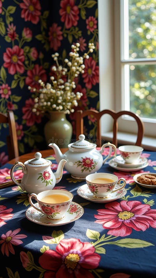 Elegant Floral Tea Setting with Vintage Teapot and Cups by Window Stock ...