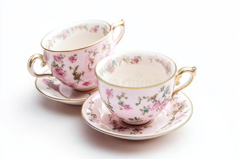 Elegant Floral Teacups and Saucers on White Background Two Delicate ...