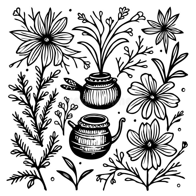 Elegant Floral and Teapot Doodle Illustration for Creative Design and ...
