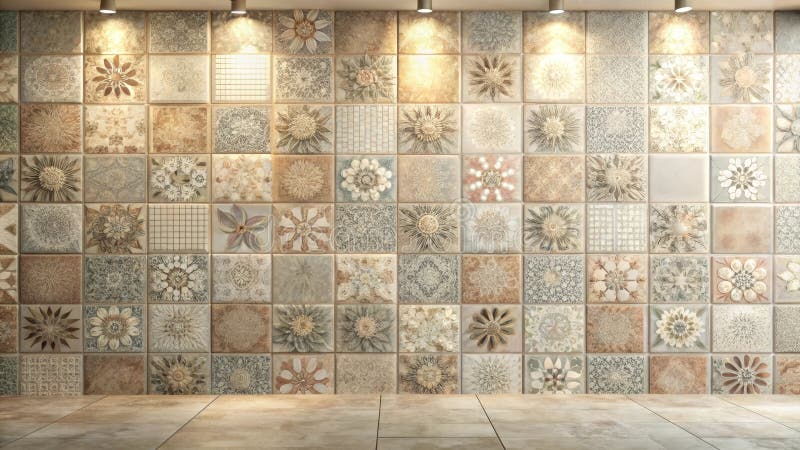 Elegant Floral Tile Wall with Subtle Lighting and Matching Floor ...