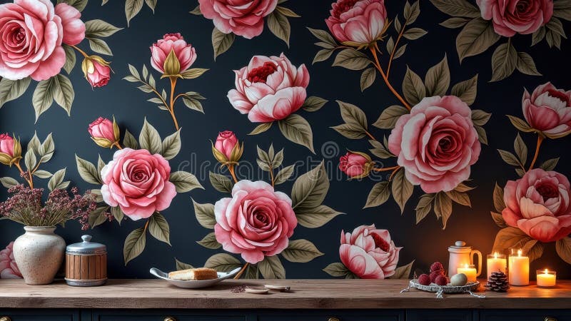 Elegant Floral Wallpaper with Pink and Red Roses on Dark Background ...