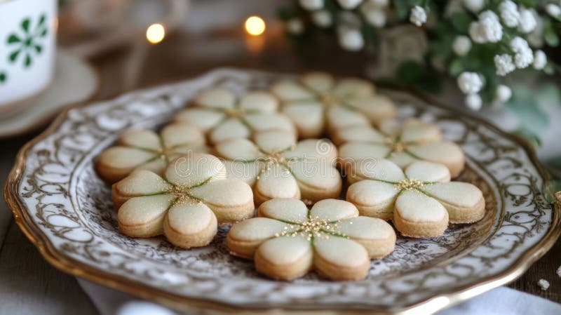 Elegant Flower Shaped Cookies on Ornate Plate Stock Illustration ...