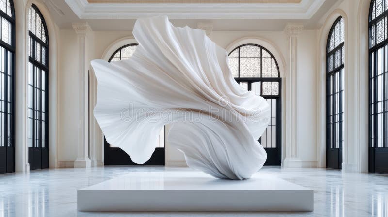 Elegant Flowing Fabric Sculpture in Grand Hall with Arched Windows ...