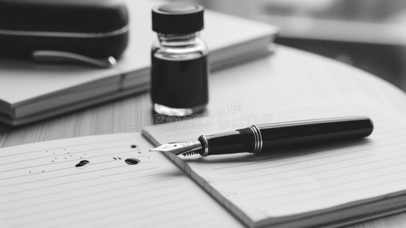 Elegant Fountain Pen and Ink Bottle on Open Notebook for Writing and ...