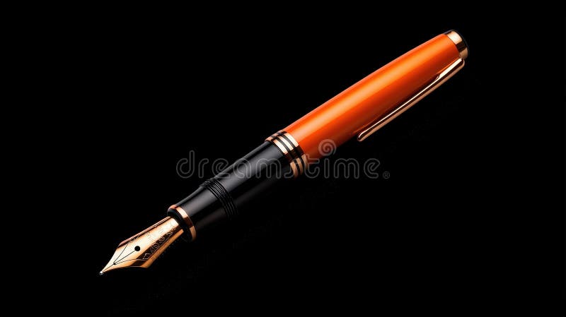 Elegant Fountain Pen with Orange and Black Design on a Black Background ...
