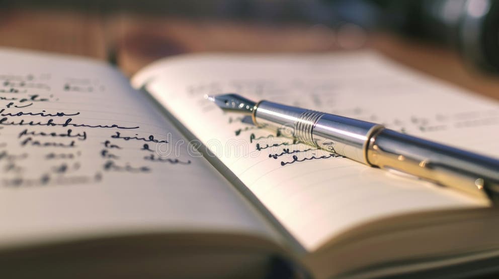 Elegant Fountain Pen Resting on an Open Notebook with Handwritten Notes ...