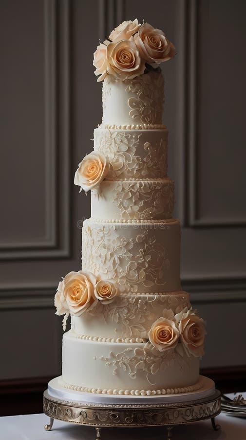 Elegant Four-Tier Wedding Cake with Floral Decorations and Candlelit ...