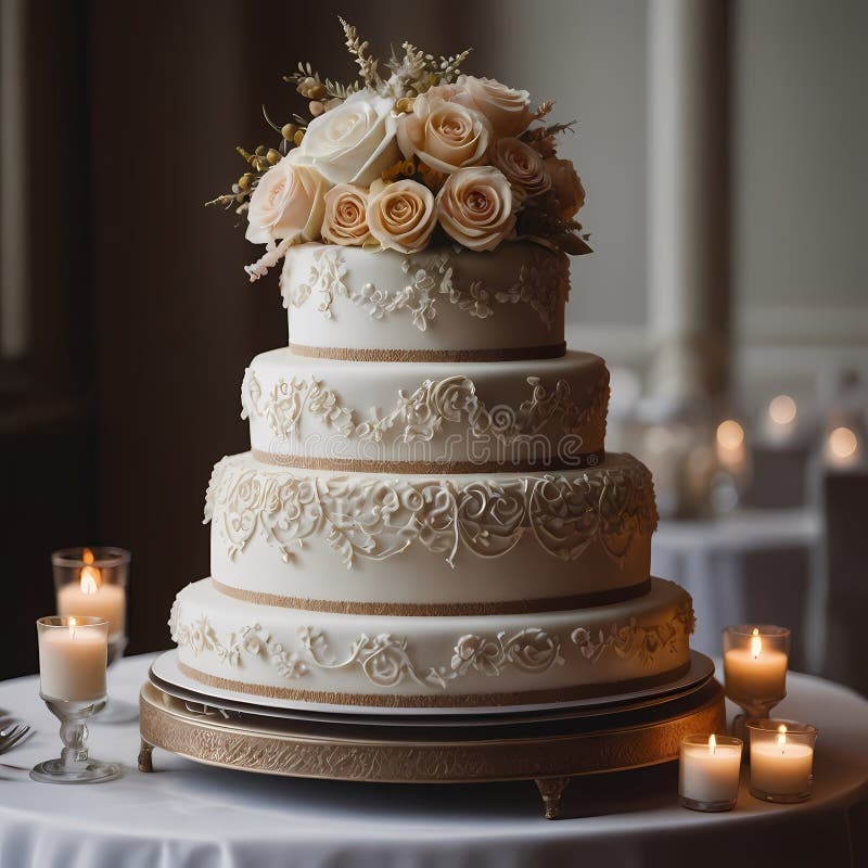 Elegant Four-Tier Wedding Cake with Floral Decorations and Candlelit ...