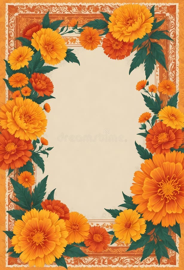 An Elegant Frame with Orange Marigold Flowers and Leaves Border on it ...