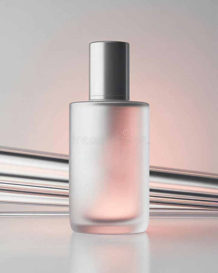 Elegant Frosted Perfume Bottle with Silver Cap on Reflective Surface ...