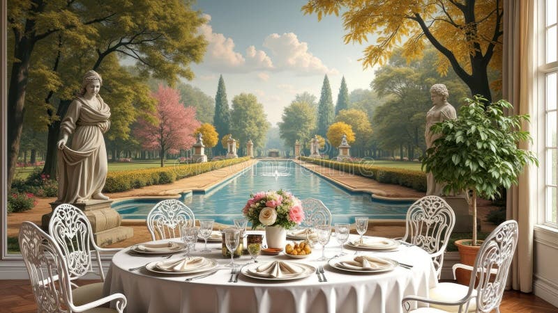 Elegant Garden Dining with Scenic Views of Statues and Fountains Stock ...