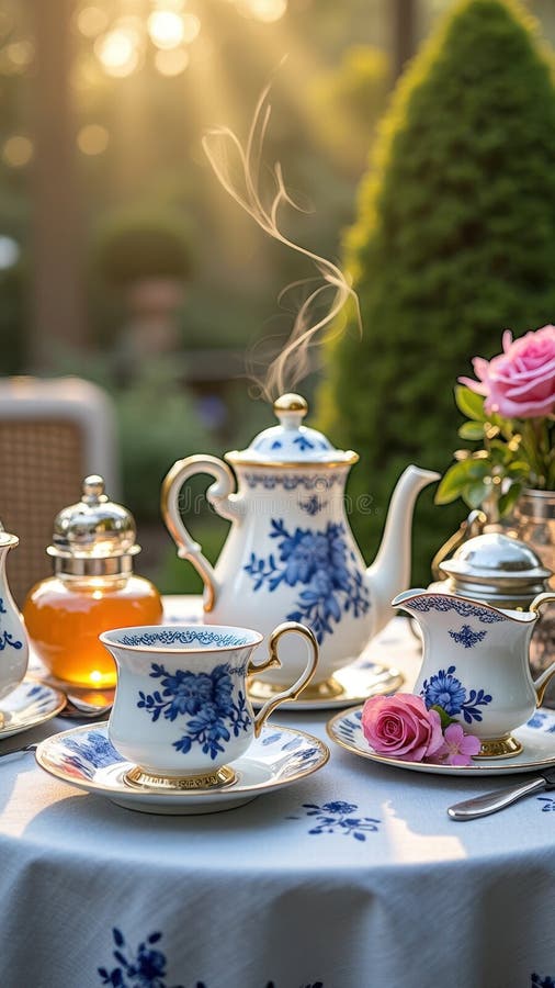 Elegant Garden Tea Setting with Blue Floral China and Pink Roses Stock ...