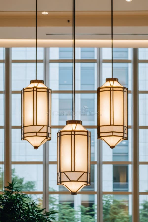 Elegant Geometric Pendant Lights in Modern Interior with Large Windows ...
