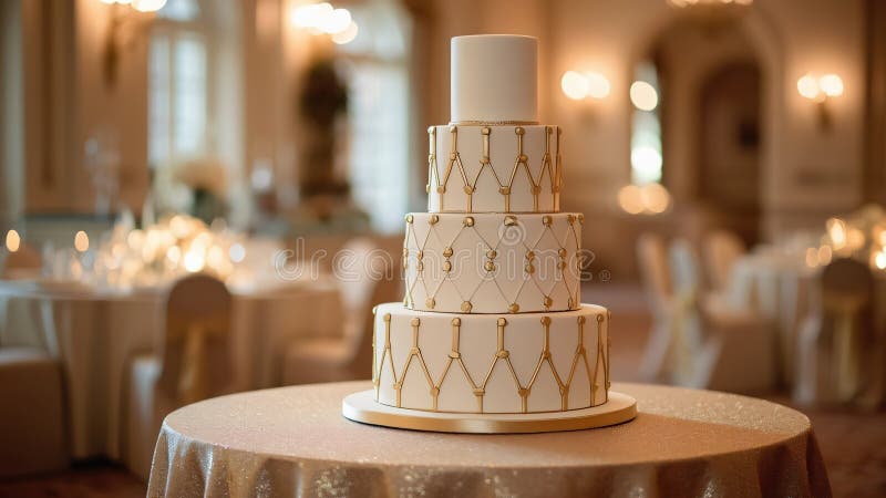 Elegant Geometric Wedding Cake with Gold Accents on a Reception Table ...