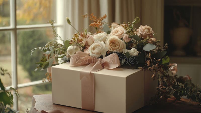 Elegant Gift Box Adorned with Beautiful Autumn Flowers Stock ...