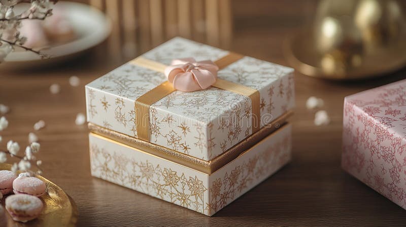 Elegant Gift Box Floral Pattern Ribbon Wooden Surface Stock Photos ...