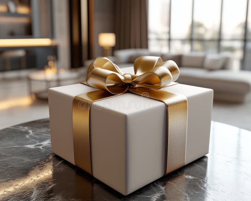 Elegant Gift Box with Golden Bow on Marble Table in Modern Interior ...