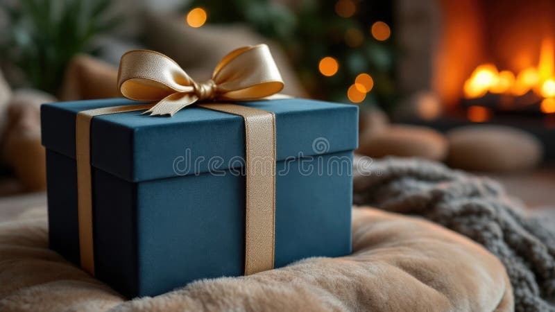 Elegant Gift Box Golden Ribbon Cozy Fireplace Setting Stock Photos ...