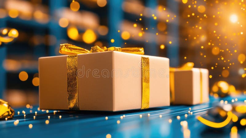 Elegant Gift Box with Golden Ribbon and Glowing Bokeh in Festive ...