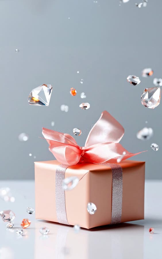 Elegant Gift Box with Pink Ribbon and Floating Diamonds on Grey ...