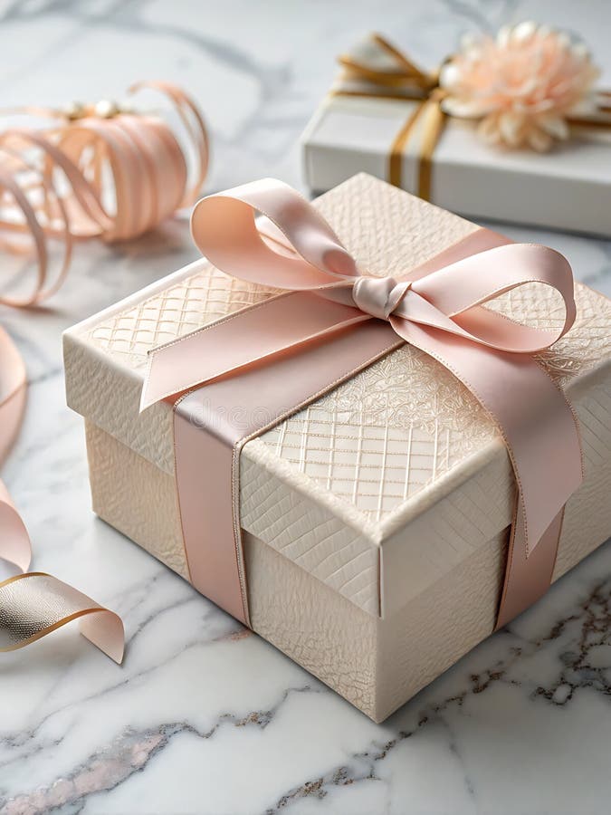 Elegant Gift Box with Pink Ribbon on Marble Surface Stock Image - Image ...