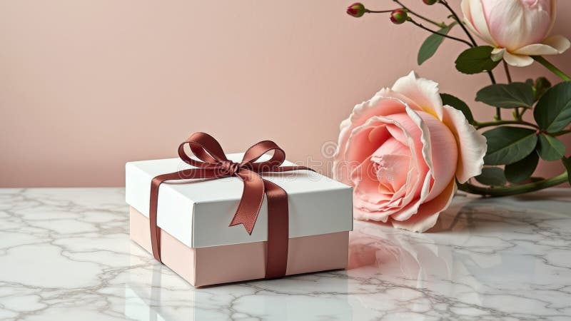 Elegant Gift Box Pink Rose Ribbon Marble Surface Stock Photos - Free ...
