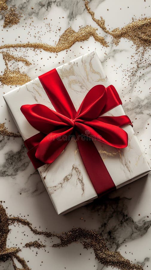 Elegant Gift Box with Red Ribbon on Marble Surface, Festive Decoration ...