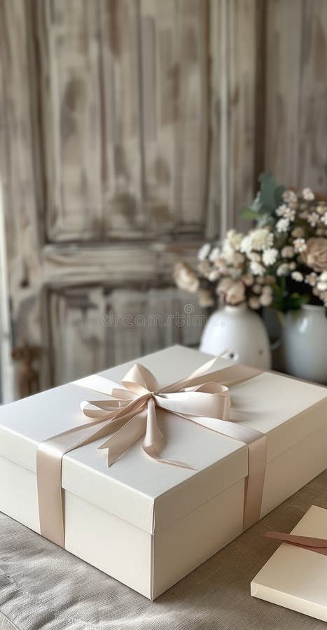 Elegant Gift Box with Satin Ribbon in Rustic Chic Setting Featuring ...
