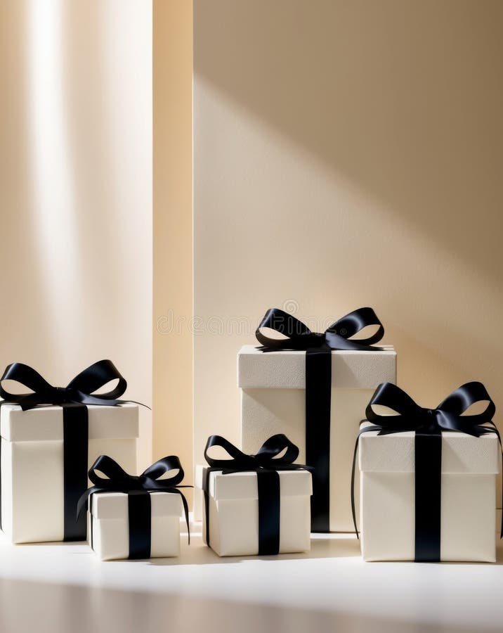 Elegant Gift Boxes with Black Ribbons in Soft Lighting. Stock Photo ...