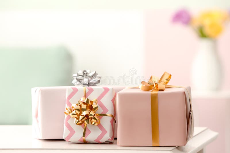 Elegant Gift Boxes on Table Indoors Stock Photo - Image of present ...