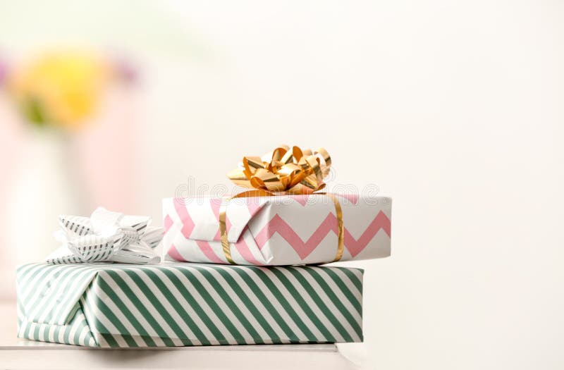 Elegant Gift Boxes on Table Indoors Stock Image - Image of indoors ...