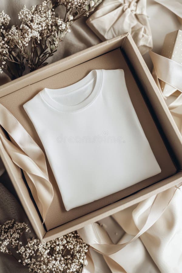 Elegant Gift Presentation with Folded White T-Shirt and Decorative ...