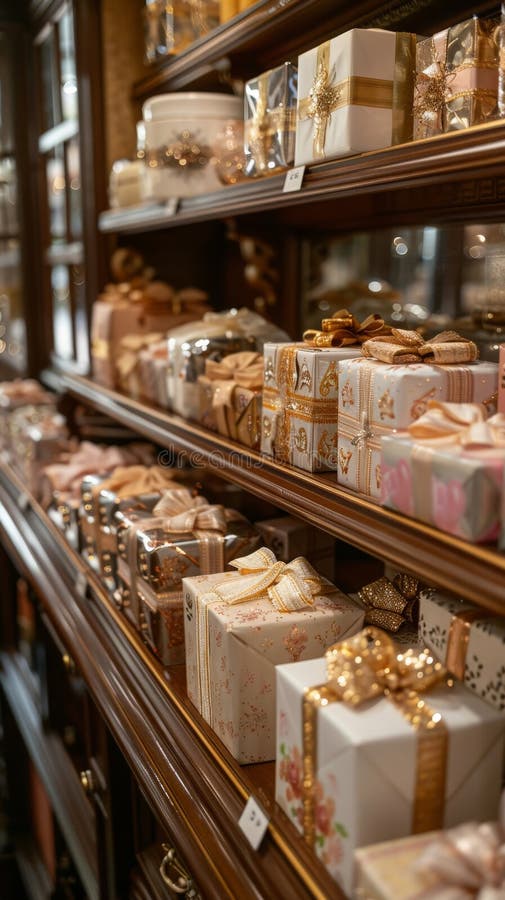 Elegant Gift Shop Display Shelves with Beautifully Wrapped Present ...