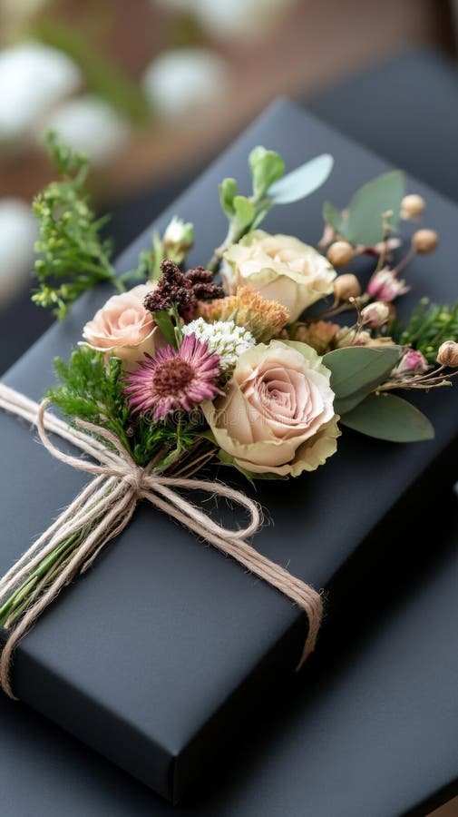Elegant Gift Wrapped in Black Paper with Rustic Floral Arrangement ...