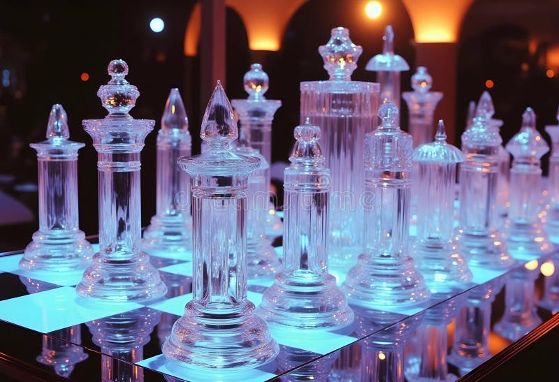 Elegant Glass Chess Set Illuminated in an Artistic Display at Night ...