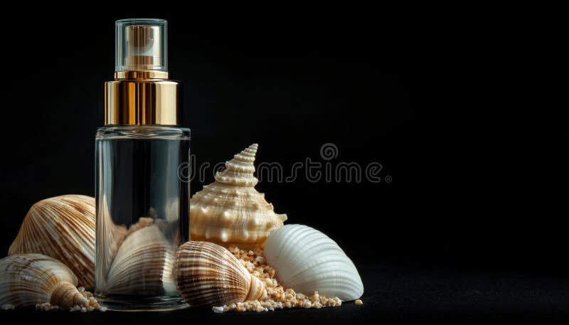 Elegant Glass Perfume Bottle Surrounded by Seashells and Sand on a Dark ...