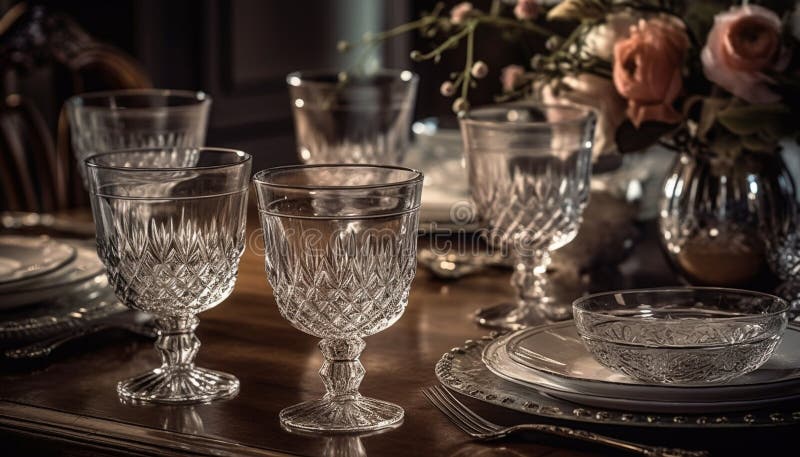 Elegant Glassware Collection on Wooden Table for Luxurious Celebration ...