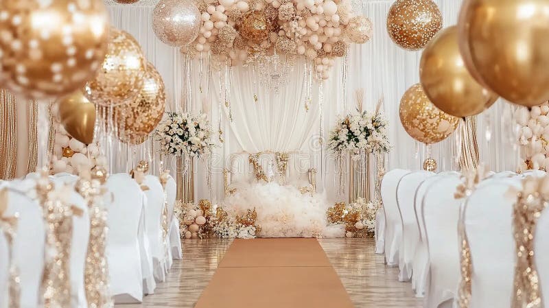 Elegant Gold Balloon Wedding Ceremony Hall Decor Stock Image - Image of ...