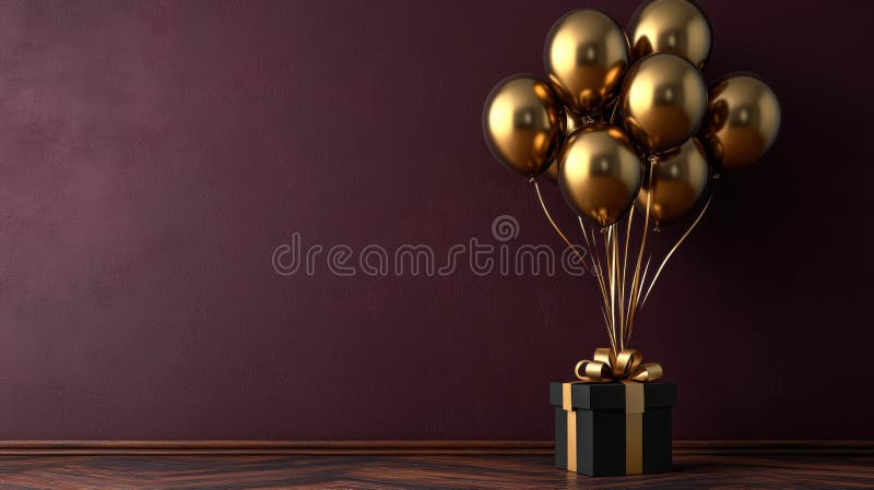 Elegant Gold Balloons and Gift Box Against Maroon Wall Stock Photo ...