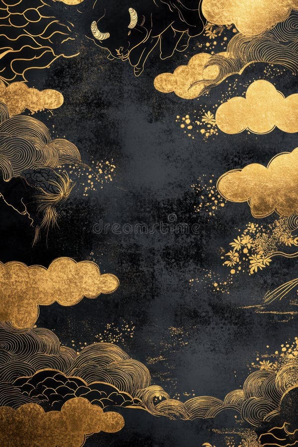 Elegant Gold and Black Asian Cloud and Wave Pattern Design Stock ...