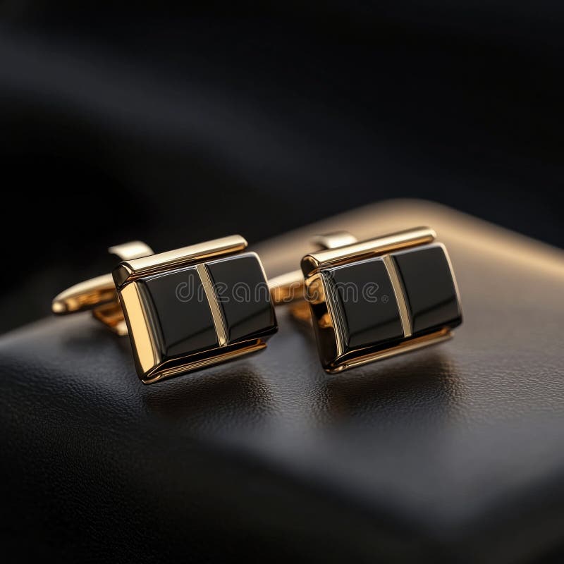 Elegant Gold and Black Cufflinks Resting on Leather Surface Stock Photo ...