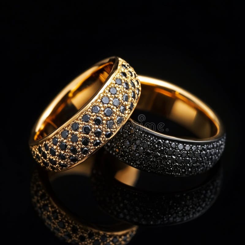 Elegant Gold and Black Diamond Rings on Reflective Surface Stock Photo ...