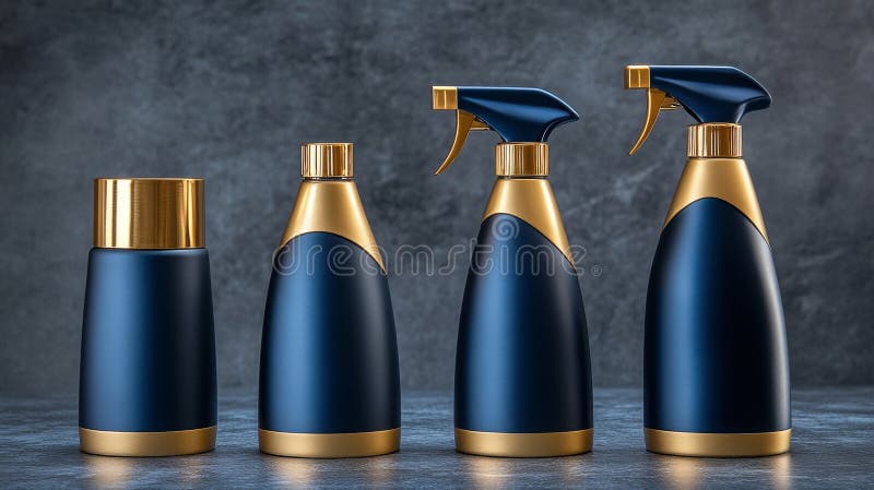 Elegant Gold and Blue Spray Bottles and Containers on a Dark Background ...