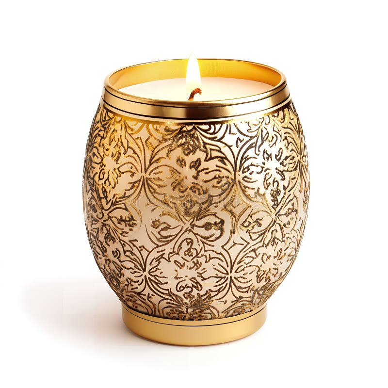 Elegant Gold Candle with Intricate Pattern Burning Brightly Isolated on ...